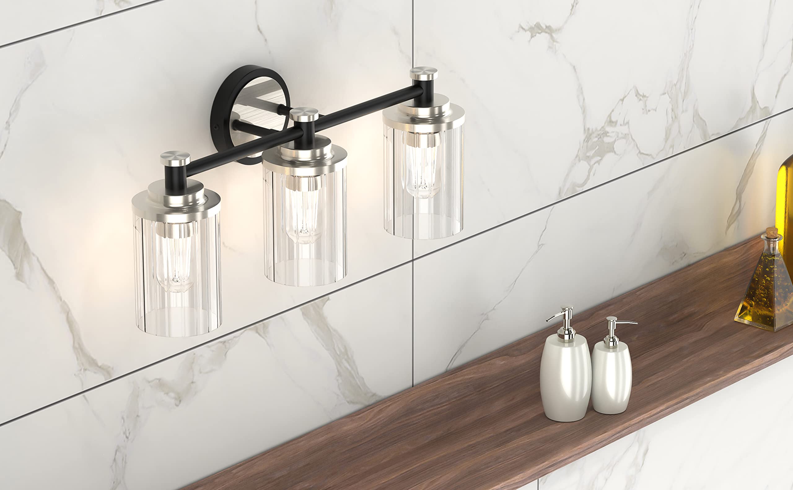 PHIXART Bathroom Lighting Fixtures Black and Brushed Nickel Bathroom Vanity Light with Cylindrical Clear Stripes Glass Lampshade E26 Socket Base Bathroom Lighting Fixtures Over Mirror (3 Lights)