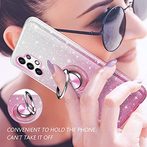 KSWOUS Galaxy A32 5G Case with 2 Pack Screen Protector, Crystal Clear Glitter Sparkly Bling Pink Protective Cover with Kickstand for Women Girls Slim Shockproof Case for Samsung A32 5G (Pink)