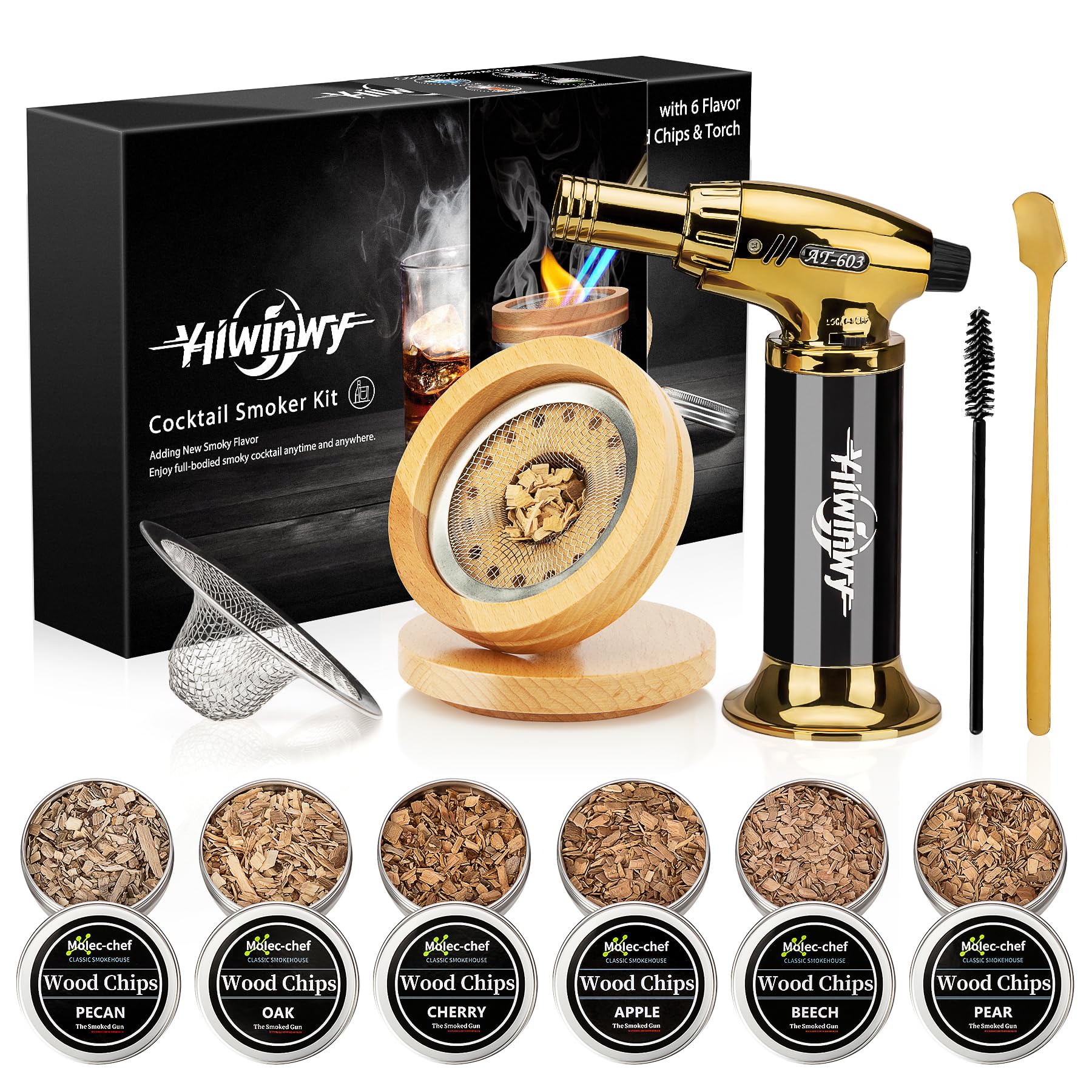 Yiiwinwy Cocktail Smoker Kit with Torch,Whiskey Smoker Kit,Bourbon/Drink/Old Fashioned Smoker Kit with 6 Flavor of Wood Chips,Christmas Gifts for Men,Husband,Dad (No Butane)