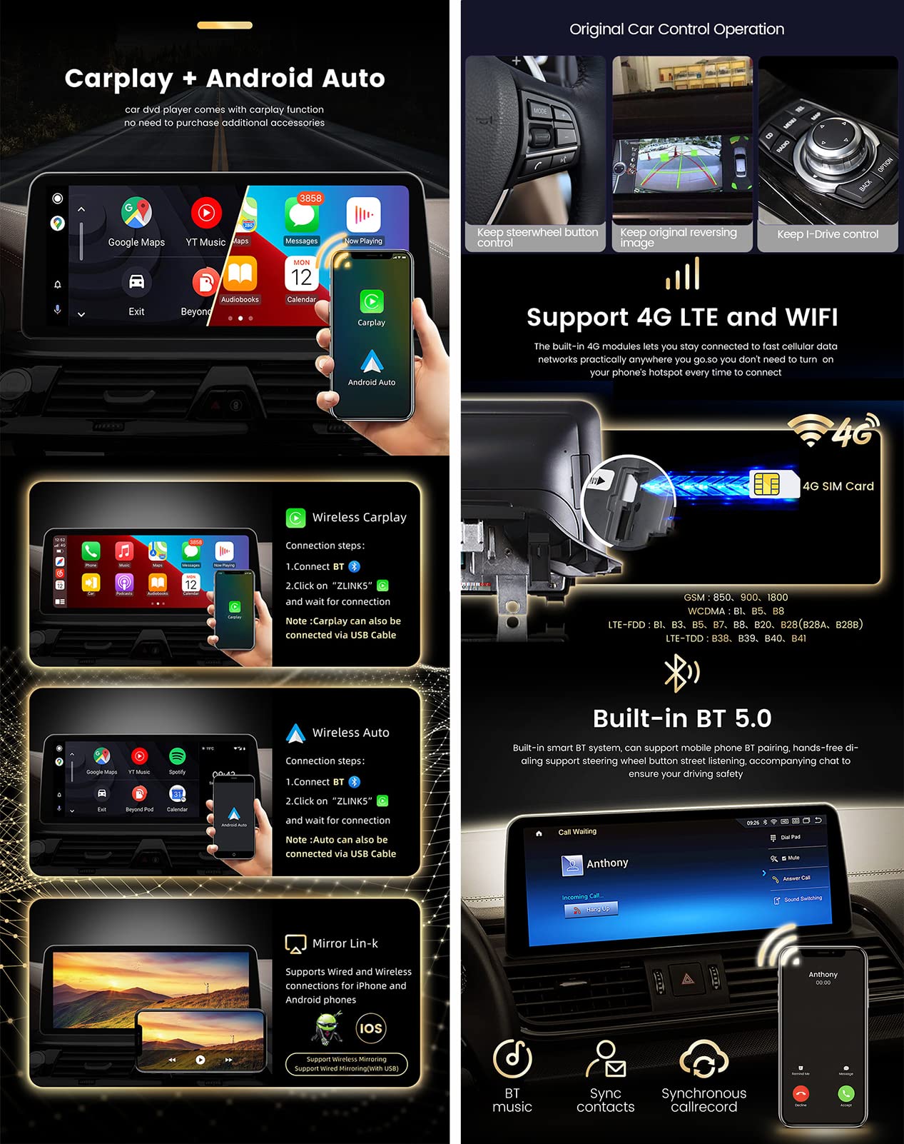 Android 12 Car Stereo GPS Sat Nav for BMW 5 Series E60 E61 E63 E64 3 Series E90 E91 E92 CCC CIC Touchscreen Multimedia Player + DVR,8-core 4+64-2005-2008 CCC 8.8 inches