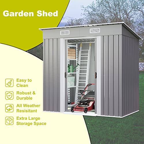 Evedy Sheds & Outdoor Storage, 6'x 6' FT Outdoor Metal Storage Shed, Sliding Doors and Window, Sun Protection, Waterproof Tool Storage Shed for Backyard, Patio, Lawn (Wood Grain & Coffee)