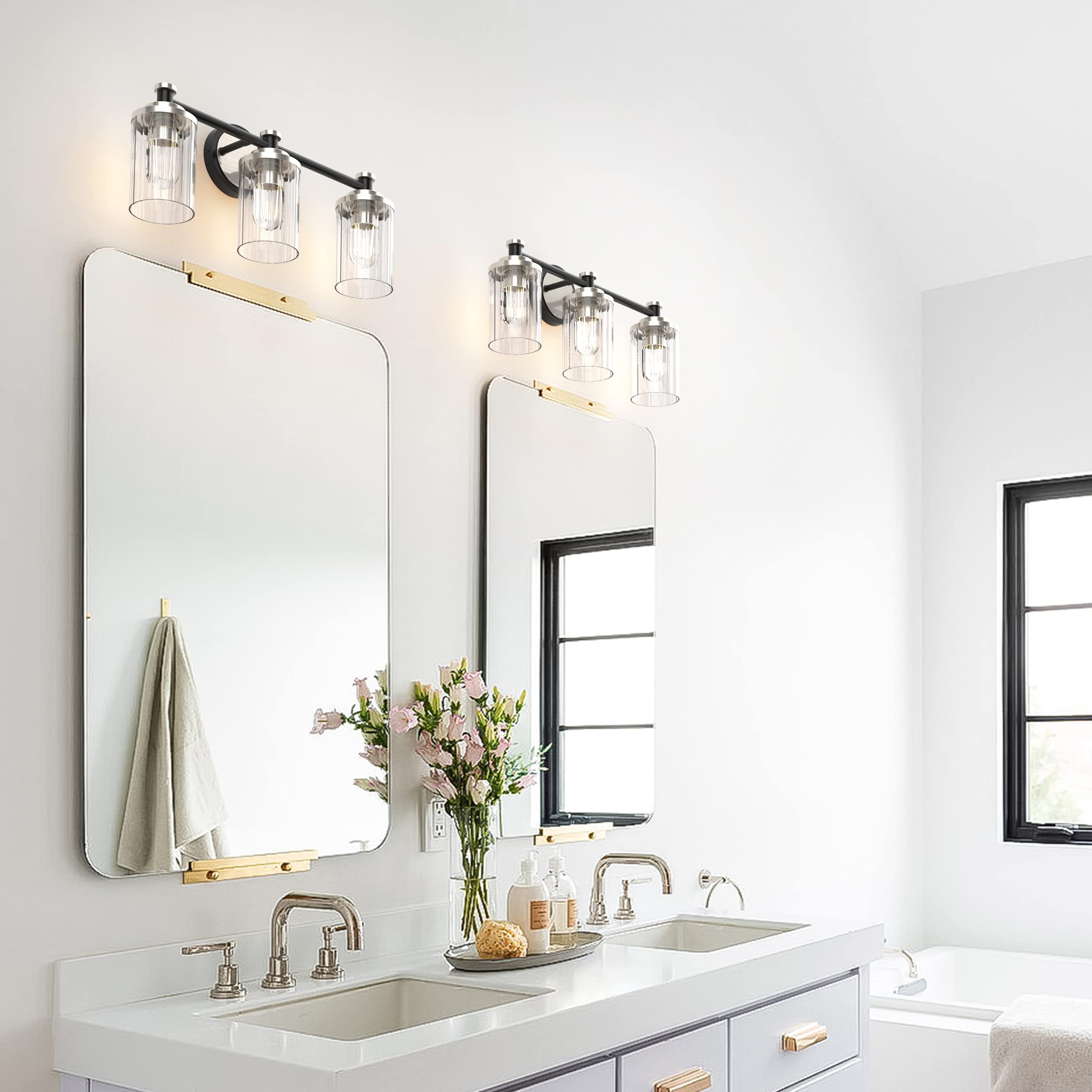 PHIXART Bathroom Lighting Fixtures Black and Brushed Nickel Bathroom Vanity Light with Cylindrical Clear Stripes Glass Lampshade E26 Socket Base Bathroom Lighting Fixtures Over Mirror (3 Lights)