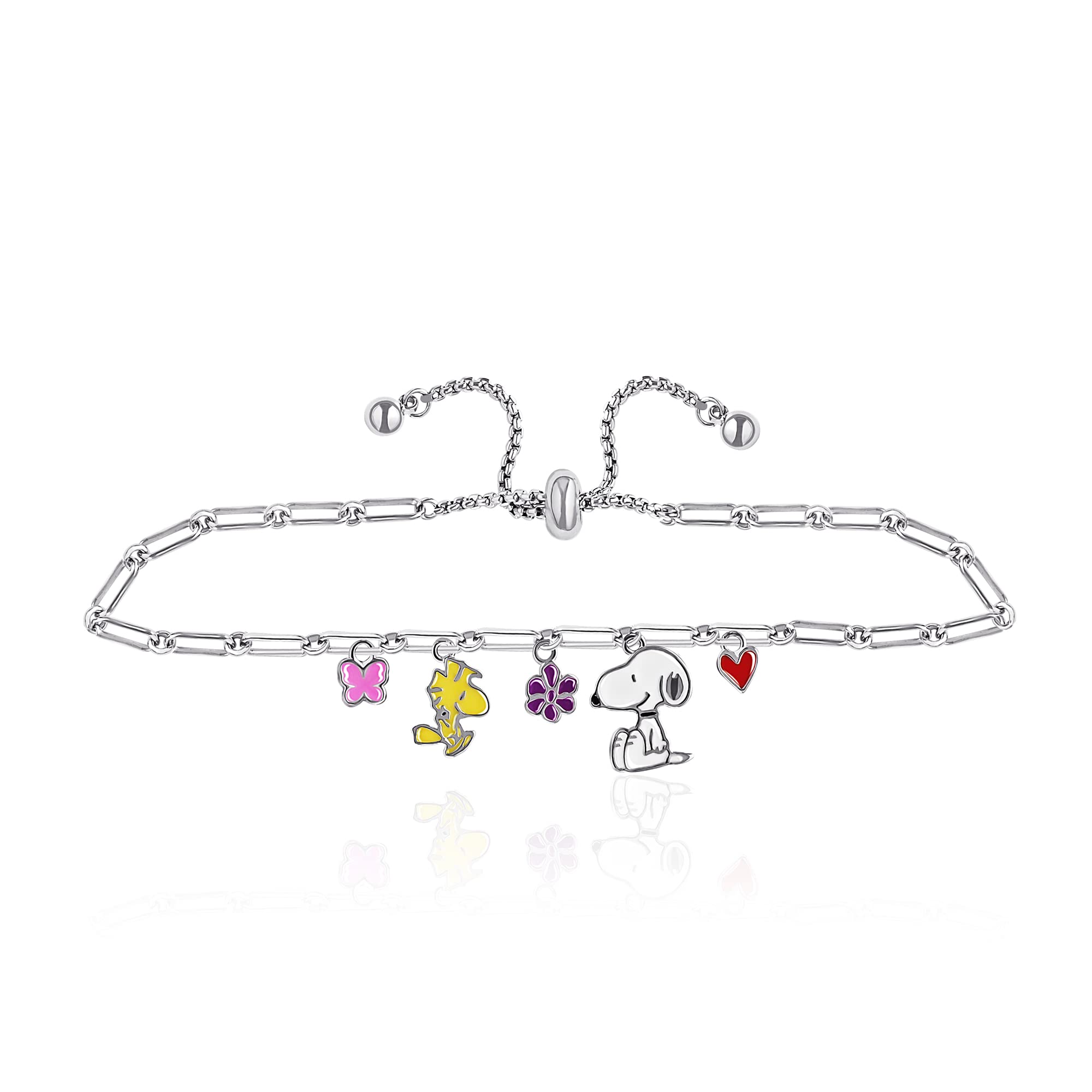 PEANUTS Womens Adjustable Lariat Charm Bracelet - Silver Plated Enamel Charm Bracelet with Snoopy - Official License