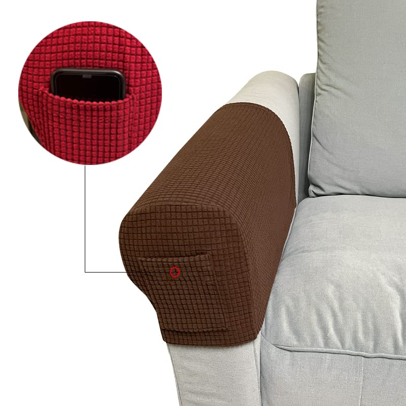 Set of 2 Sofa Armrest Cover Soft Stretch Arm Cover for Recliners Sofas Chairs Washable Arm Covers Couch Furniture Armrest Protector Covers with Pocket (Dark Coffee)