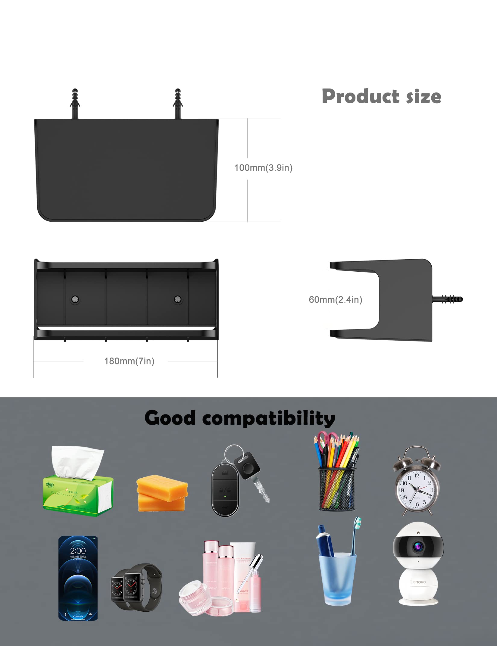 Bedside Shelf Accessories Organizer for Bedroom Bedside Wall Organizer Universal Bedside Shelf Wall Mount for Glasses/Remote/Earphone/Cell Phone and More (Black)