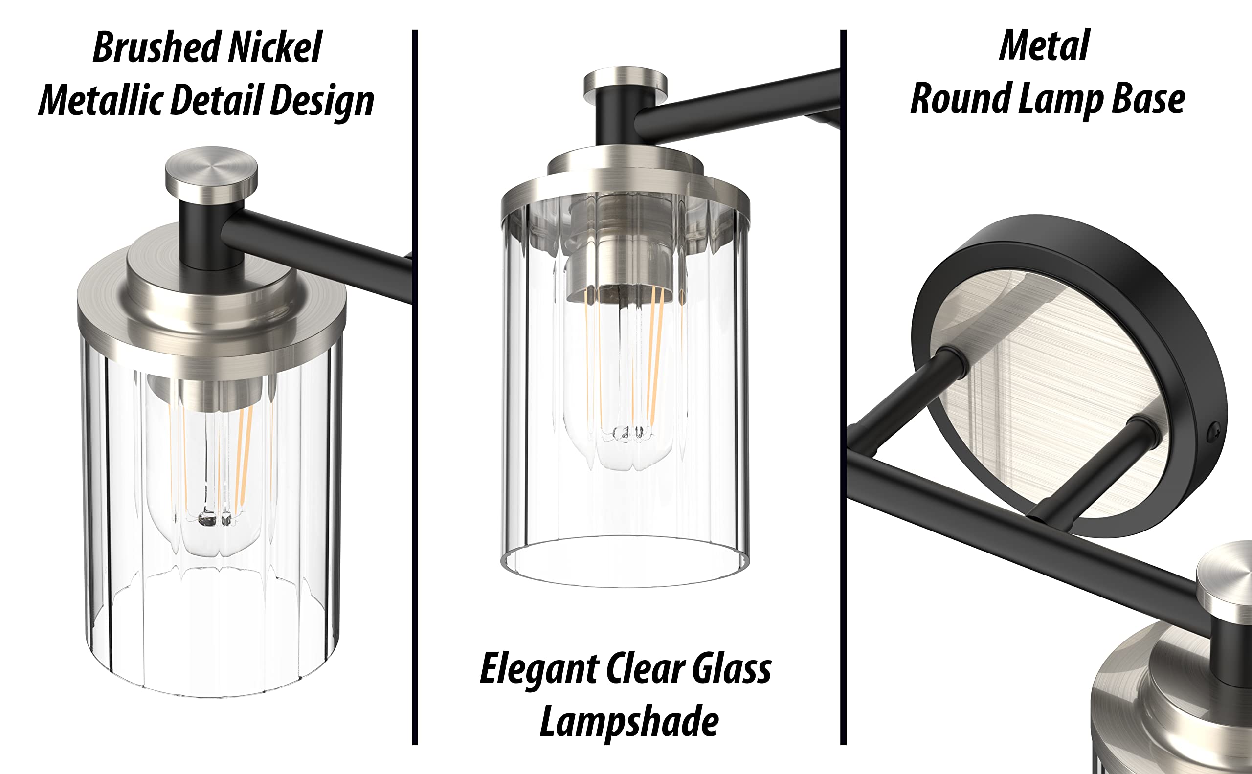 PHIXART Bathroom Lighting Fixtures Black and Brushed Nickel Bathroom Vanity Light with Cylindrical Clear Stripes Glass Lampshade E26 Socket Base Bathroom Lighting Fixtures Over Mirror (3 Lights)