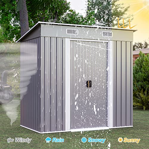 Evedy Sheds & Outdoor Storage, 6'x 6' FT Outdoor Metal Storage Shed, Sliding Doors and Window, Sun Protection, Waterproof Tool Storage Shed for Backyard, Patio, Lawn (Wood Grain & Coffee)