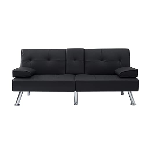 Futon Sofa Convertible Sleeper Couch Bed Daybed Loveseat,Faux Leather Folding Recliner with 2 Cup Holders,Removable Soft Pillow-Top Armrest,3 Angles for Living Room Small Place