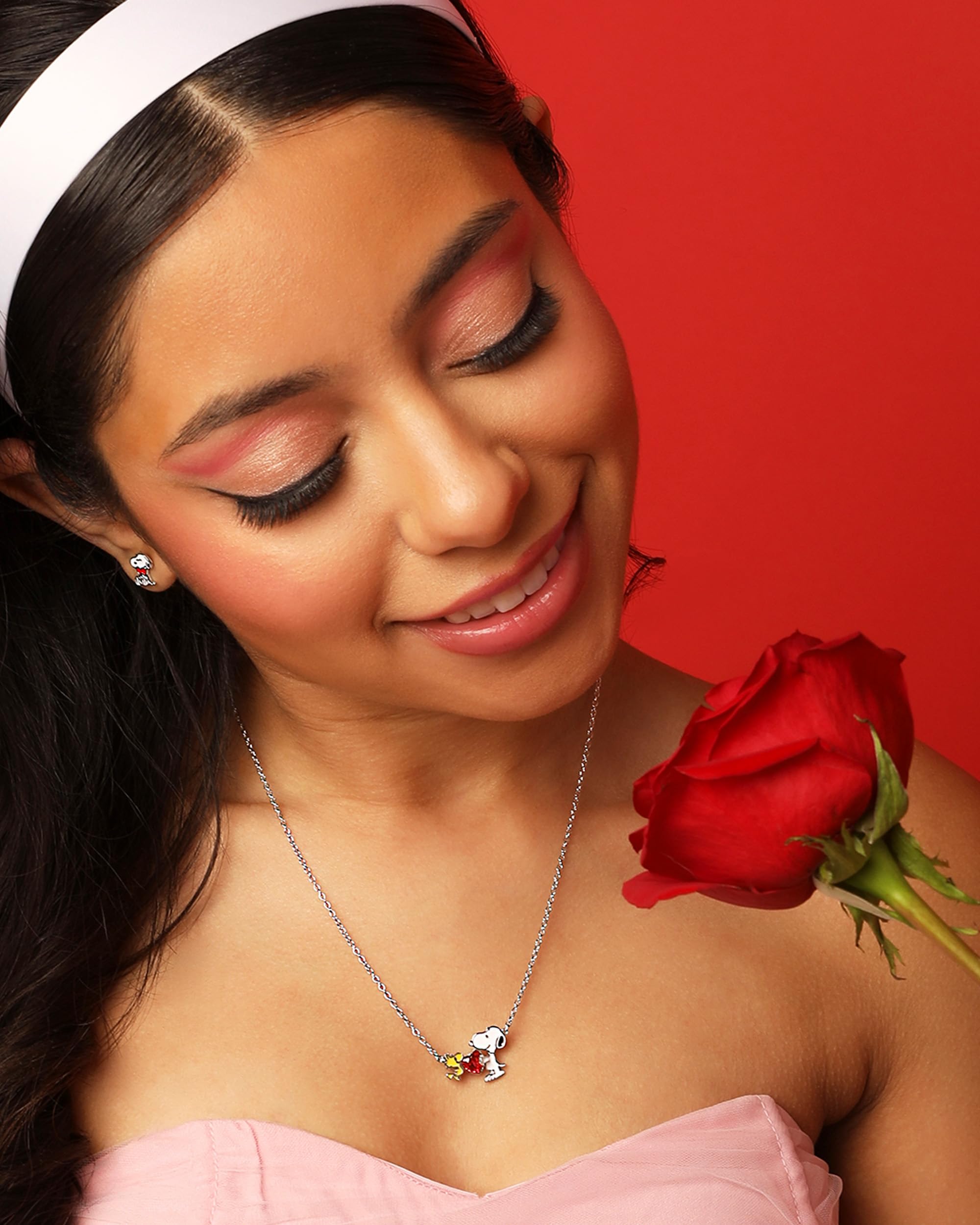 PEANUTS Womens Snoopy and Woodstock Red Crystal Heart Necklace 18" - Silver Plated Snoopy Necklace - Official License