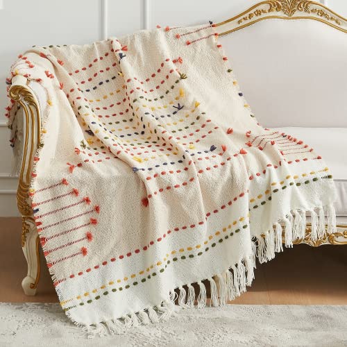 Amélie Home Boho Throw Blanket for Couch, Bohemian Decorative Summer Throw Blanket, Handmade Colorful Striped Blanket, Soft Lightweight Blanket for Sofa Chair Bed, 50x60