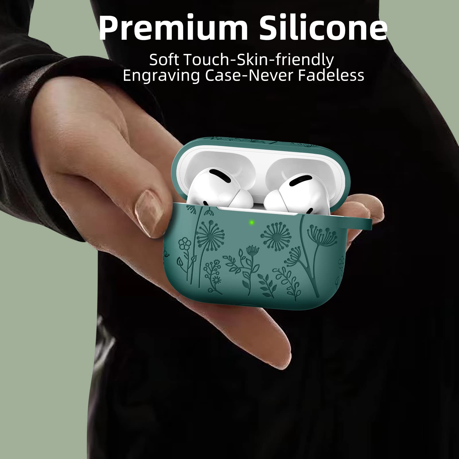 Lerobo Flower Engraved Case for AirPods Pro Case 2nd 1st Generation Case Cover/AirPod Pro Case Cover,Cute Soft Silicone Skin Full Protective Cover for Apple Airpod Case PineGreen