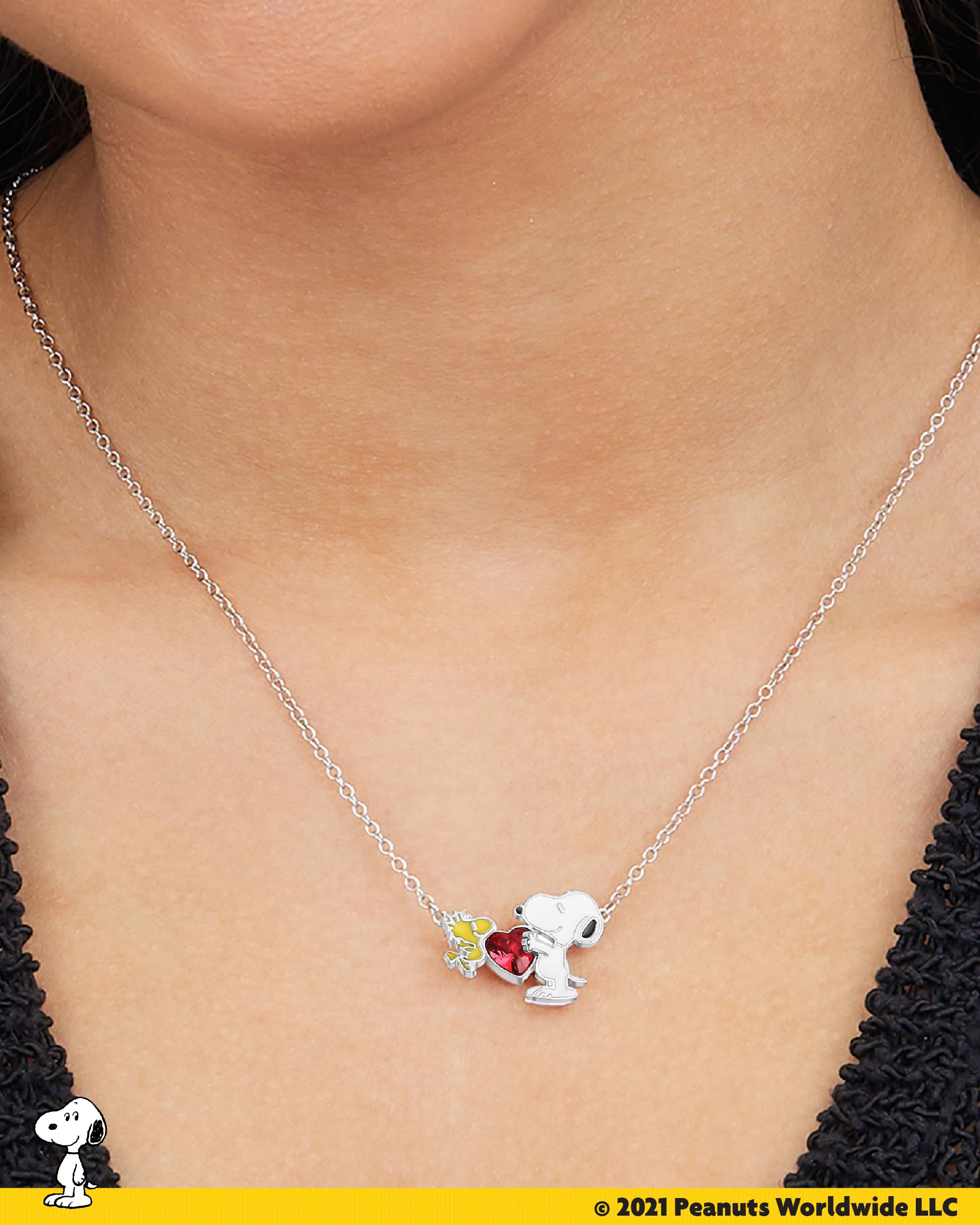 PEANUTS Womens Snoopy and Woodstock Red Crystal Heart Necklace 18" - Silver Plated Snoopy Necklace - Official License