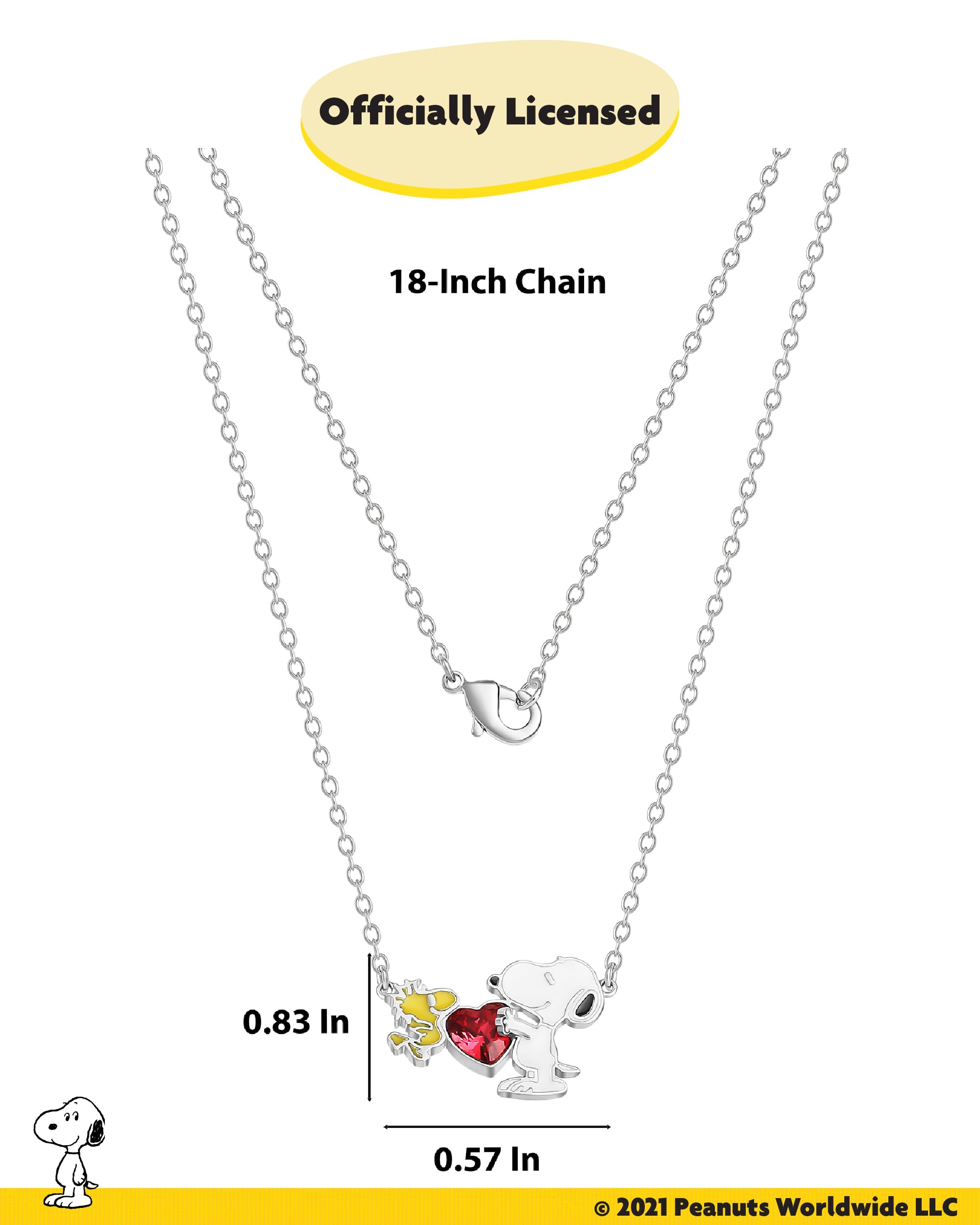 PEANUTS Womens Snoopy and Woodstock Red Crystal Heart Necklace 18" - Silver Plated Snoopy Necklace - Official License