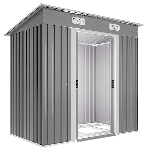 Evedy Sheds & Outdoor Storage, 6'x 6' FT Outdoor Metal Storage Shed, Sliding Doors and Window, Sun Protection, Waterproof Tool Storage Shed for Backyard, Patio, Lawn (Wood Grain & Coffee)