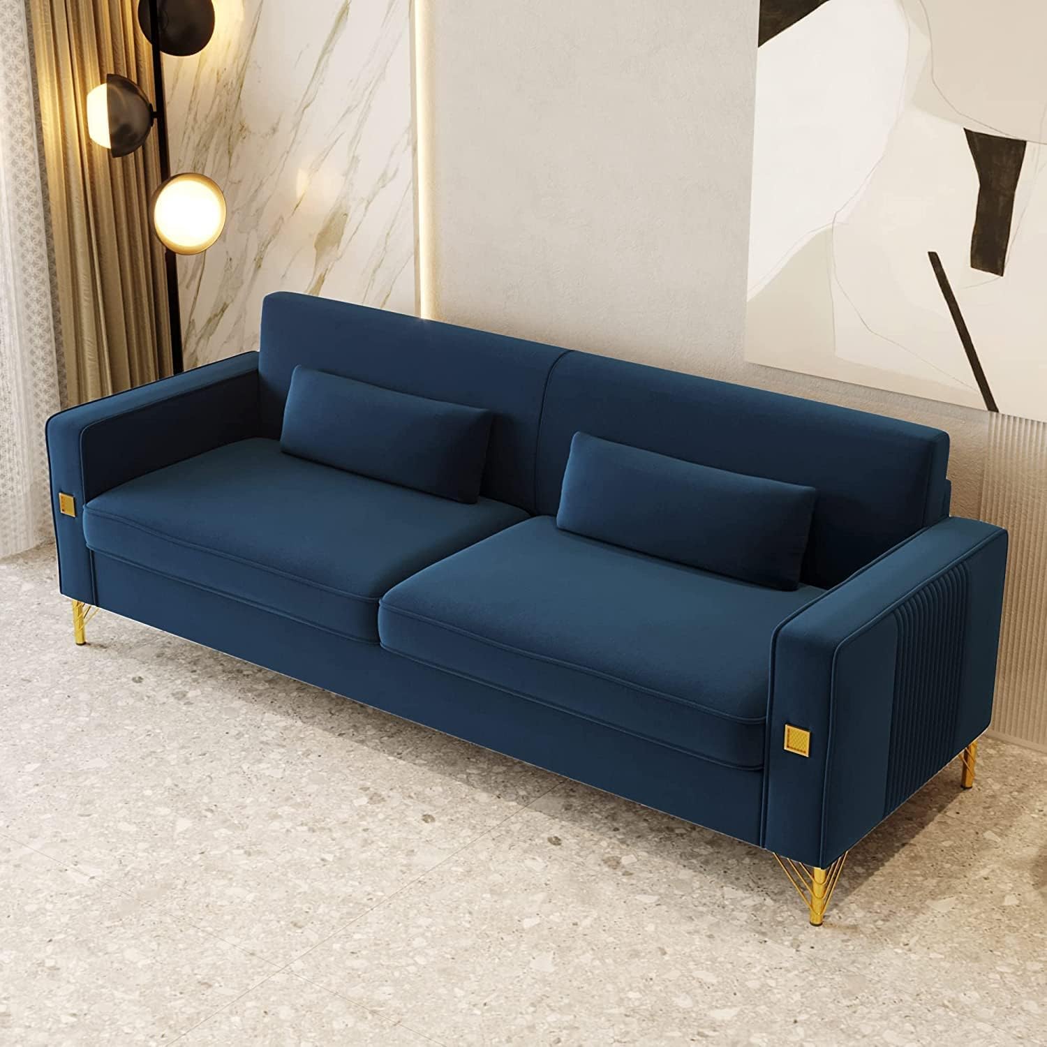 Goohome Tufted Couch, Chesterfield Velvet Upholstered 2-Seater Comfy Sofa, Living Room Furniture Sets, with Solid Wood Frame and Gold Legs, Fit for Bedroom, Office, B-Black d