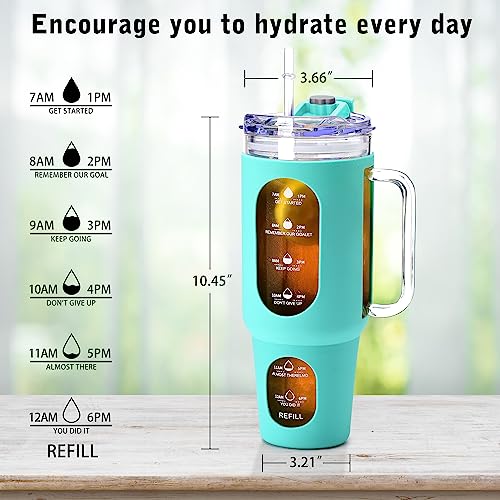 Zibtes 40 oz Glass Tumbler with Lid and Straws, Motivational Water Bottle with Time Marker and Silicone Protective Cover, Iced Coffee Cup with Handle,(Teal)
