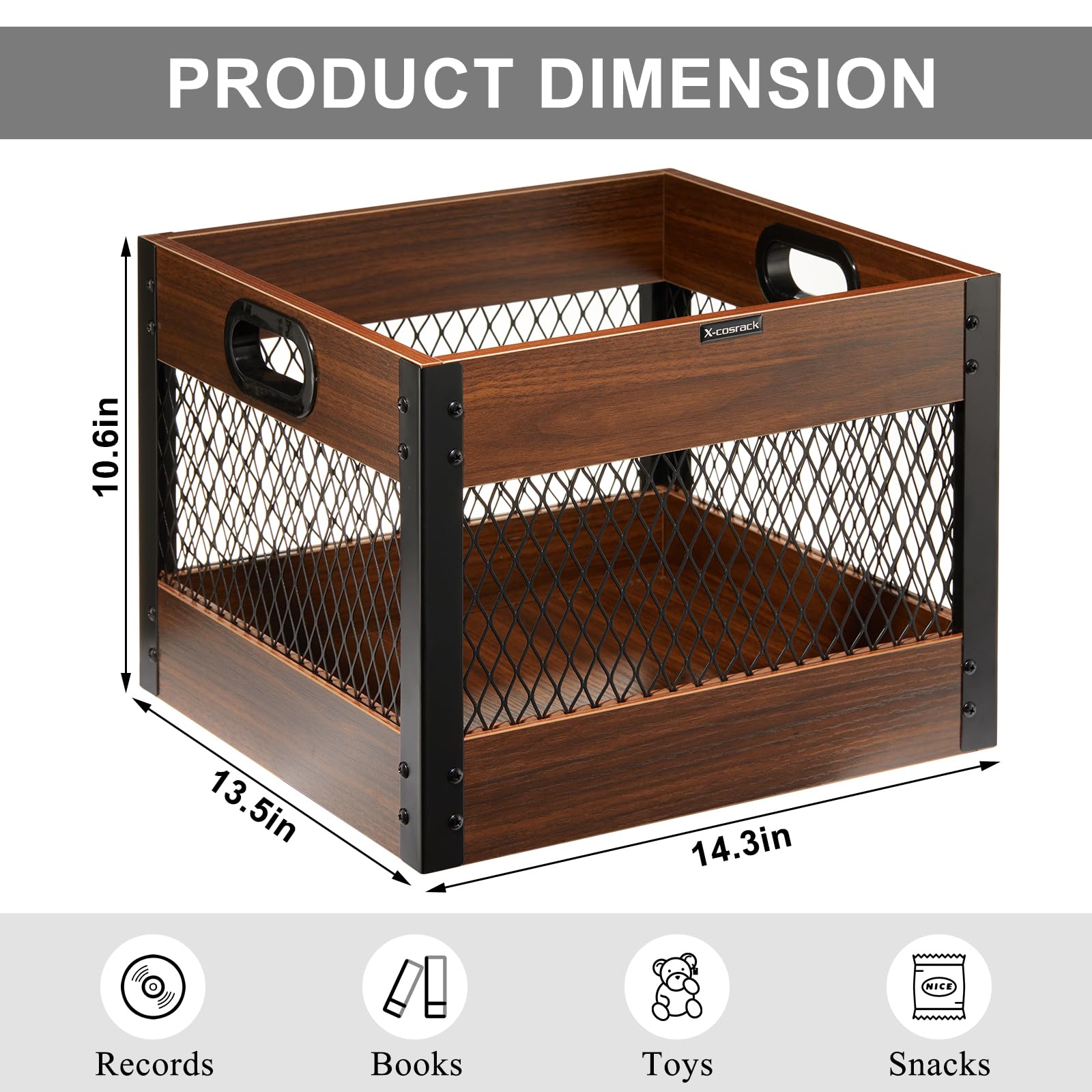 X-cosrack 2 Packs Vinyl Record Storage Crate, Wooden LP Album Shelf Cube Organizer Box