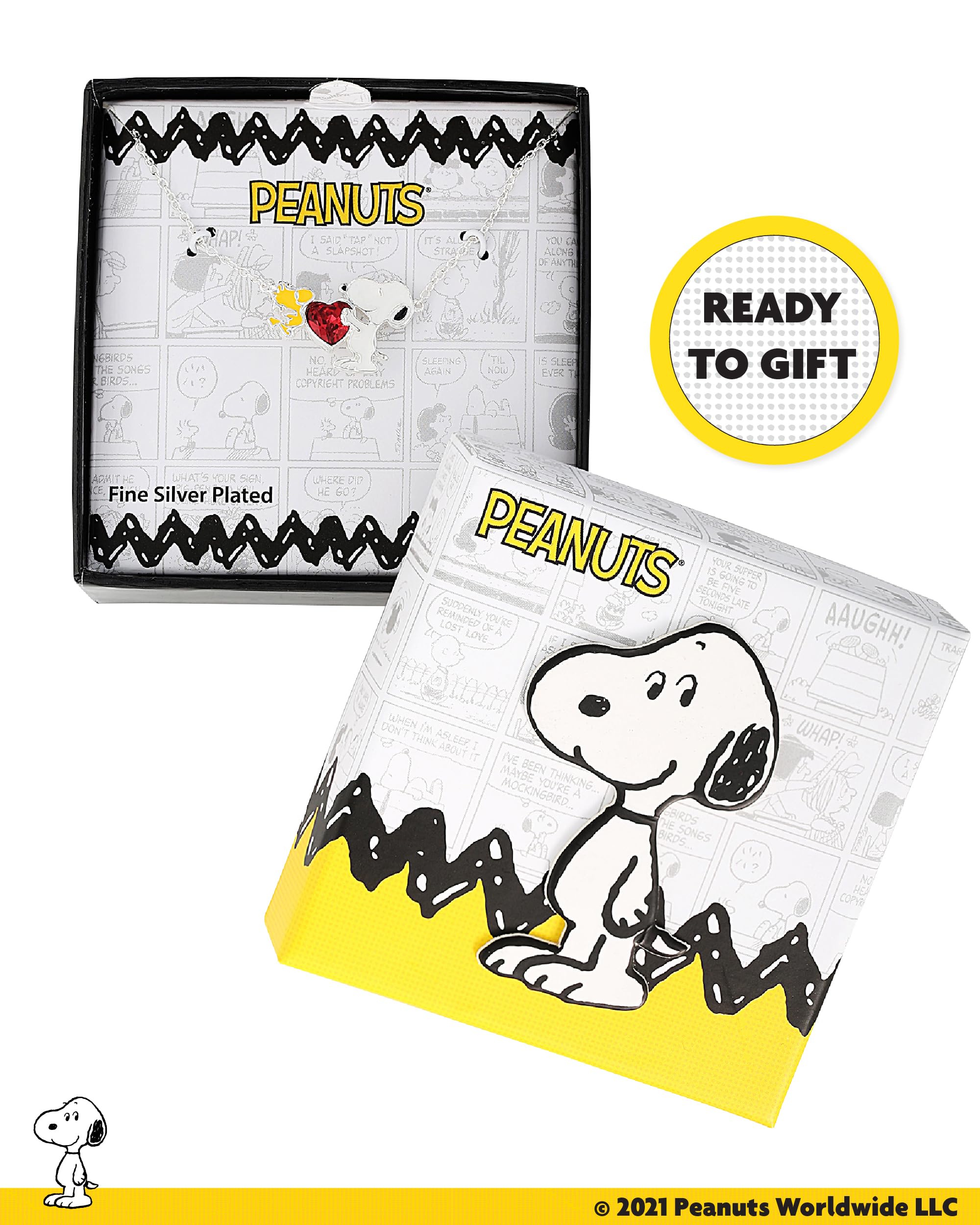 PEANUTS Womens Snoopy and Woodstock Red Crystal Heart Necklace 18" - Silver Plated Snoopy Necklace - Official License