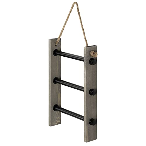 MyGift 3-Tiered Hanging Bathroom Towel Ladder Rack Industrial Pipe and Grey Wood Wall Mounted Hand Towels Holder Storage and Drying Hanger