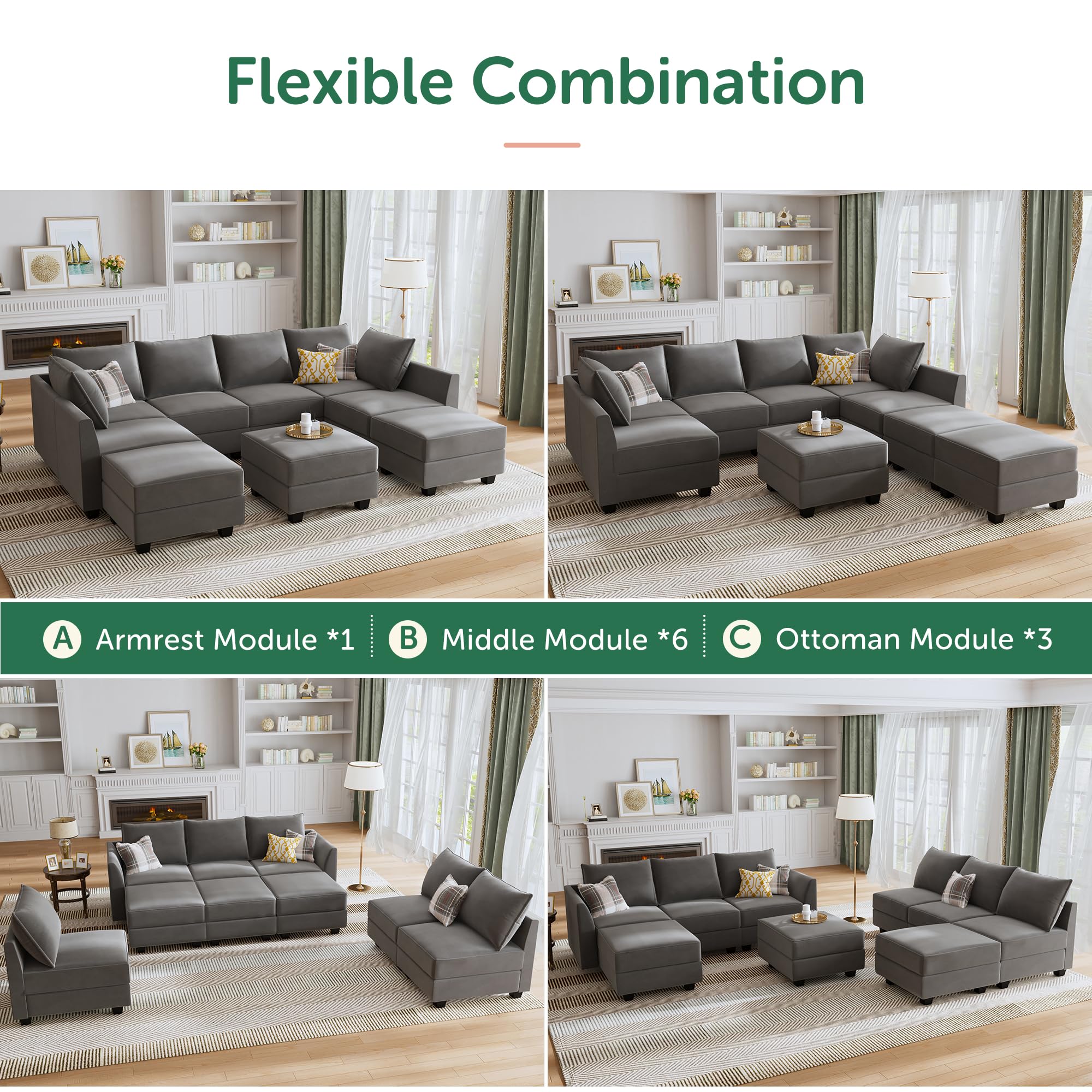 HONBAY Modular Sectional Sofa Set Oversized U Shaped Couch with Storage Ottoman Convertible Sleeper Sectional Sofa Velvet Modular Couch with Wide Chaise, Grey