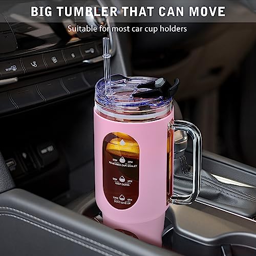 Zibtes 40 oz Glass Tumbler with Lid and Straws, Motivational Water Bottle with Time Marker and Silicone Protective Cover, Iced Coffee Cup with Handle,(Teal)