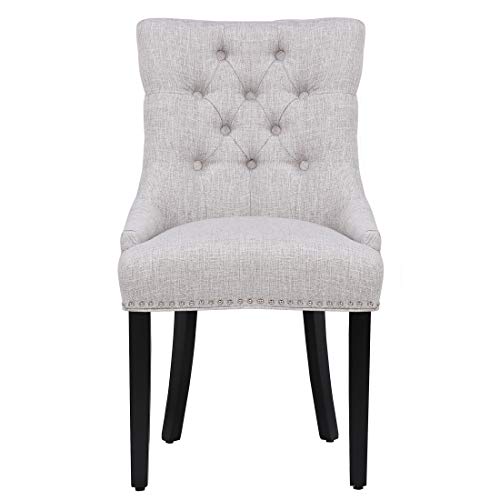 WO Linen Fabric Upholstered Wingback Button Tufted Dining Chair, Light Gray