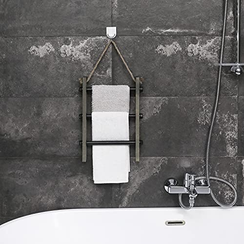 MyGift 3-Tiered Hanging Bathroom Towel Ladder Rack Industrial Pipe and Grey Wood Wall Mounted Hand Towels Holder Storage and Drying Hanger