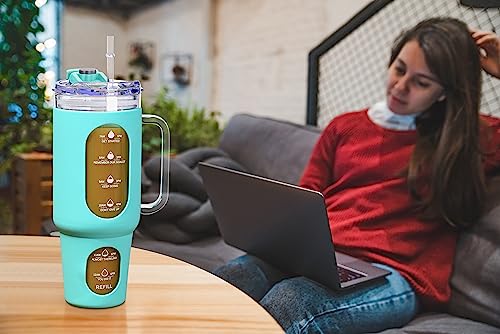 Zibtes 40 oz Glass Tumbler with Lid and Straws, Motivational Water Bottle with Time Marker and Silicone Protective Cover, Iced Coffee Cup with Handle,(Teal)