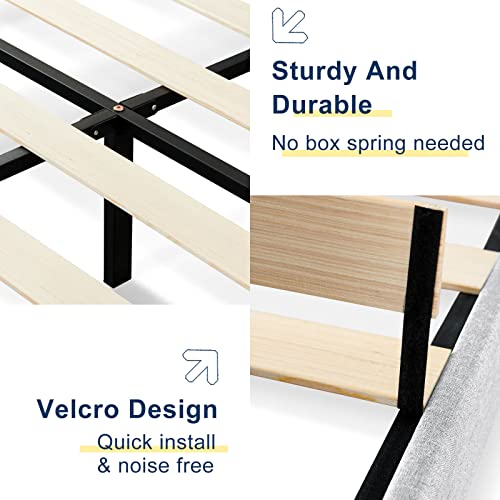 Molblly King Size Bed Frame with Adjustable Headboard, Linen Fabric Wrap, Strong Frame and Wooden Slats Support, No Box Spring Needed, Non-Slip and Noiseless, Easy Assembly, Off-White