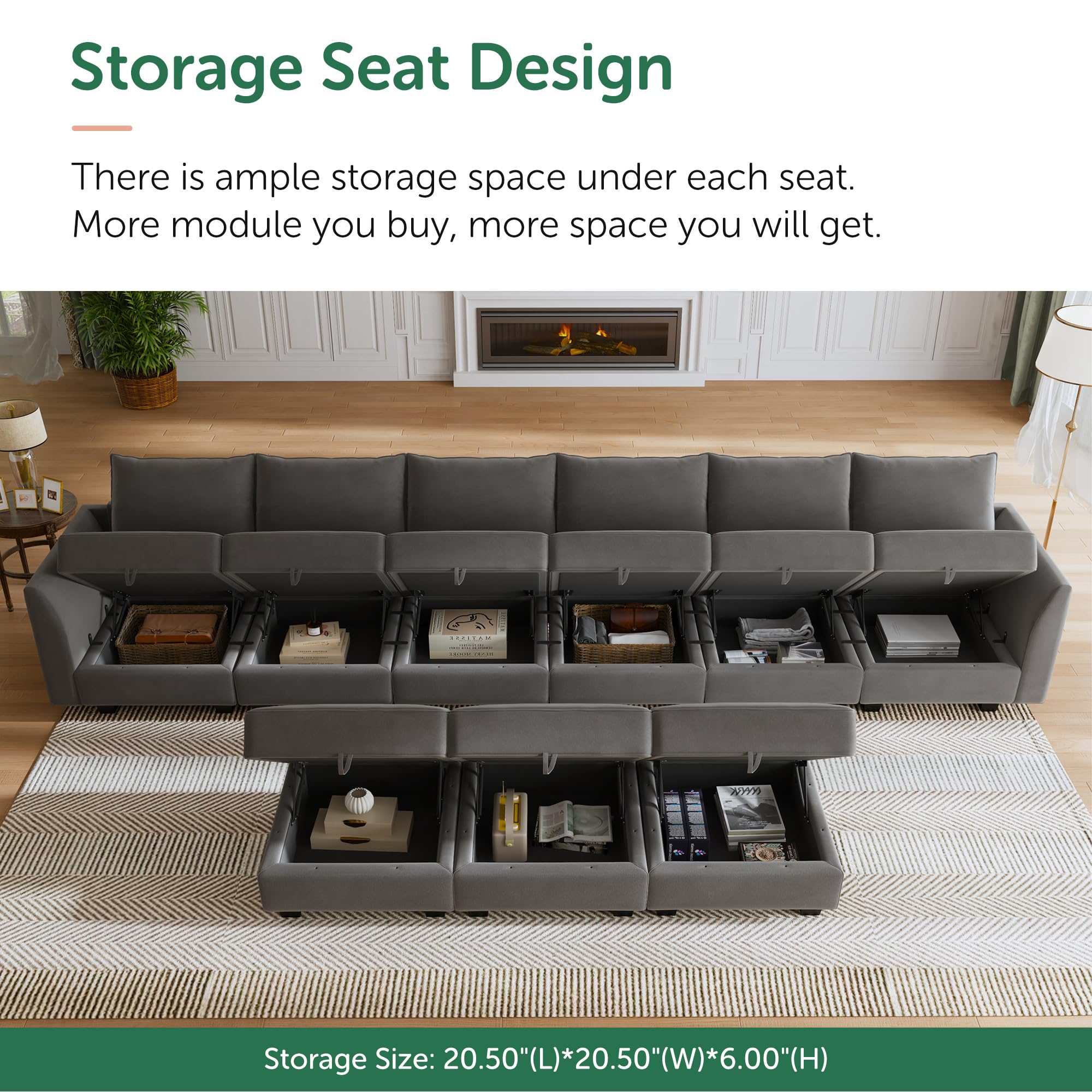 HONBAY Modular Sectional Sofa Set Oversized U Shaped Couch with Storage Ottoman Convertible Sleeper Sectional Sofa Velvet Modular Couch with Wide Chaise, Grey