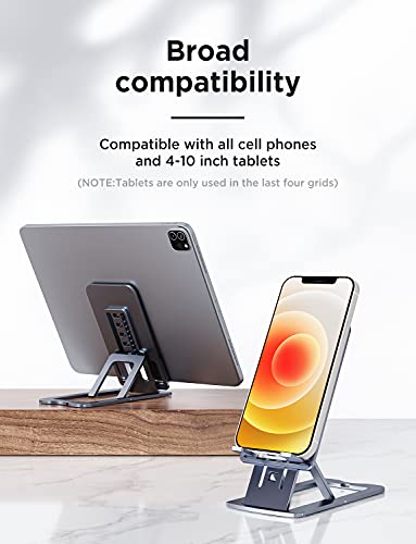 LISEN Travel Essentials Accessories Foldable Cell Phone Stand, [Sturdy Aluminum Metal] Adjustable Cell Phone Holder [Ultra Thin] Portable Stand for Desk Compatible with All Smartphones, Tablets