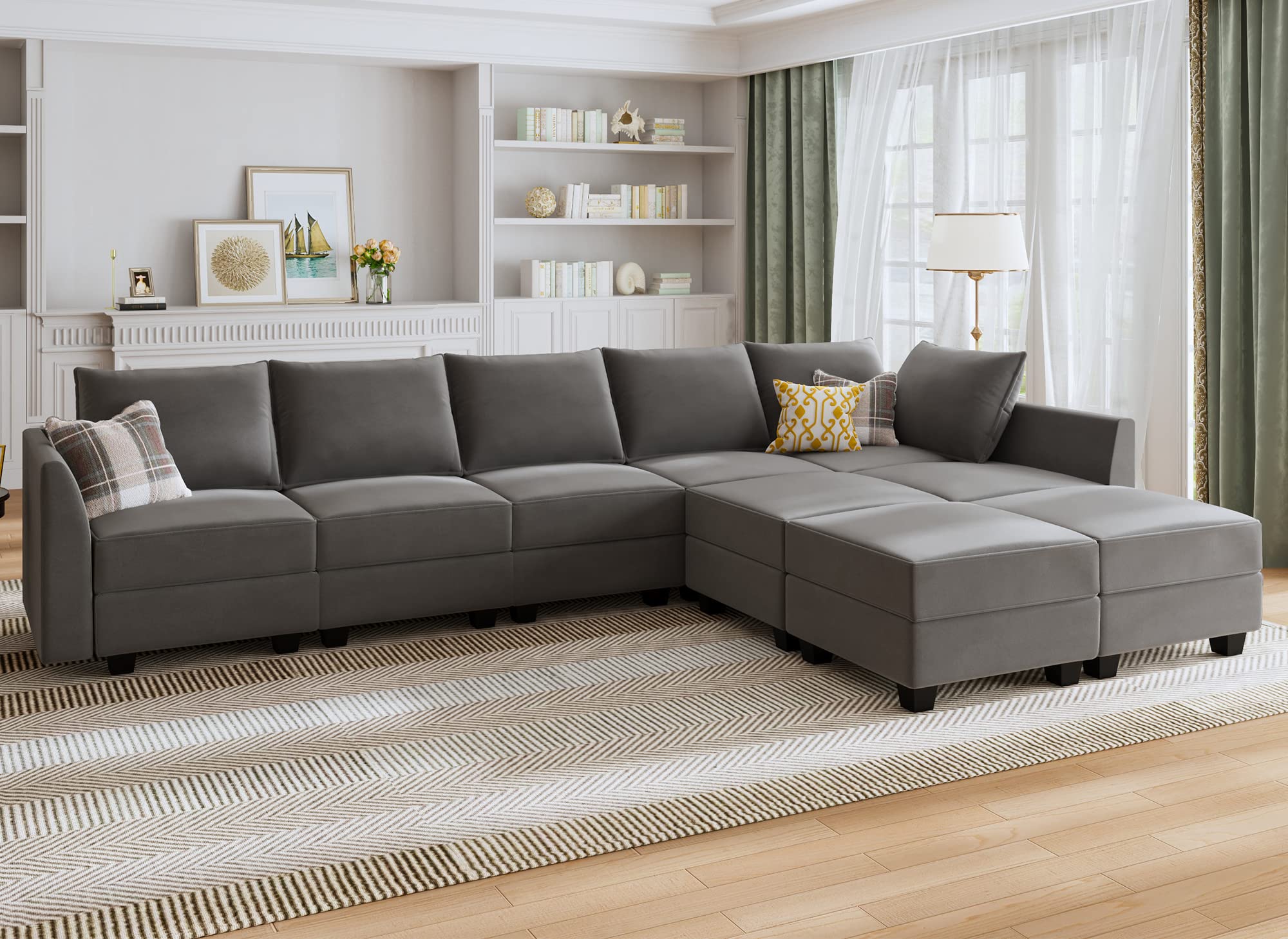 HONBAY Modular Sectional Sofa Set Oversized U Shaped Couch with Storage Ottoman Convertible Sleeper Sectional Sofa Velvet Modular Couch with Wide Chaise, Grey