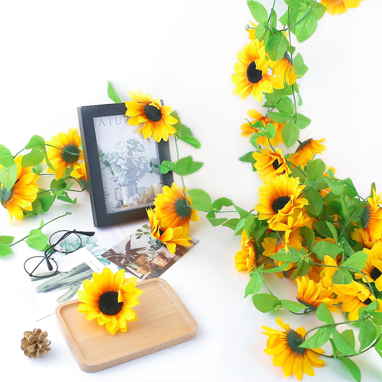 DomeStar 4 Pack Artificial Sunflower Garlands 29 FT Silk Sunflower Vines with Green Leaves, Hanging Flowers Garland for Sunflower Theme Party Fall Wedding Home Decorations