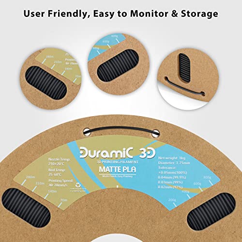 DURAMIC 3D Matte PLA Filament 1.75mm Black, 1kg Cardboard Spool Matte Finish 3D Printer Filament PLA 1.75mm Dimensional Accuracy 99% +/- 0.03 mm, Printing with FDM 3D Printer, Easy to Remove Support