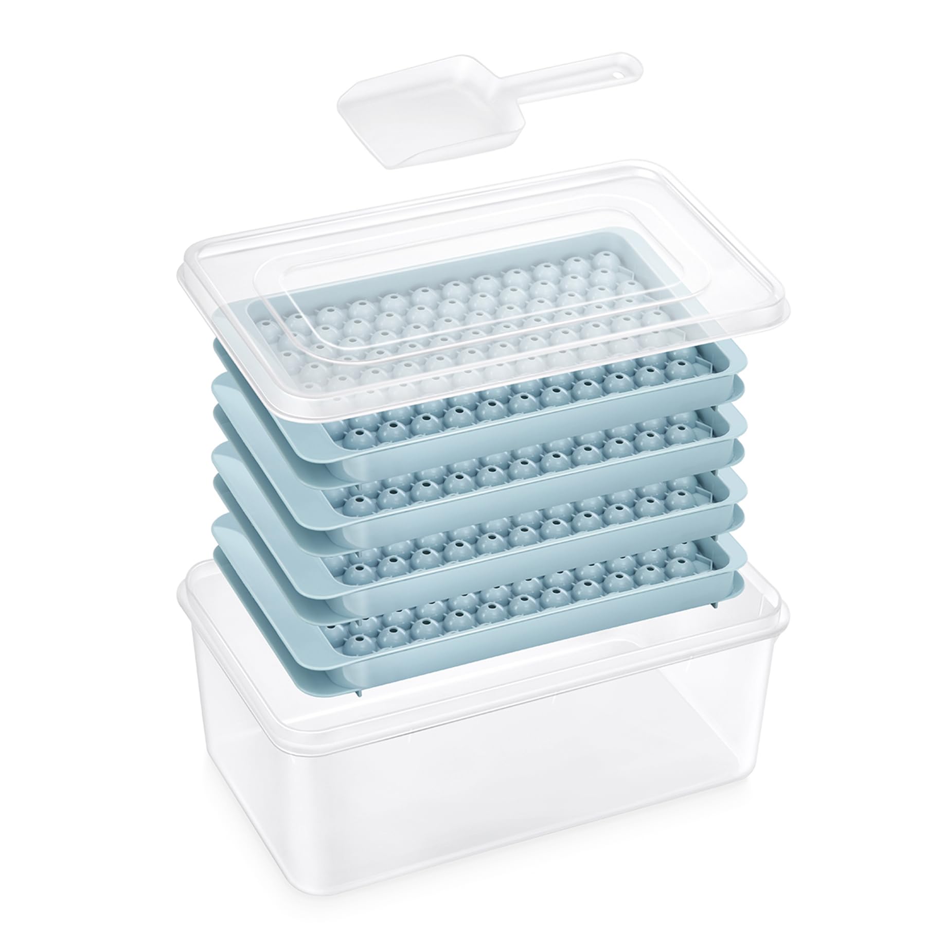 Ziofan Mini Ice Cube Tray with Lid and Bin, 104x4 Pcs Tiny Round Crushed Ice Trays for Freezer, Easy Release for Chilling Drinks, Coffee, Cocktail, Juice (Blue) 4 Pack