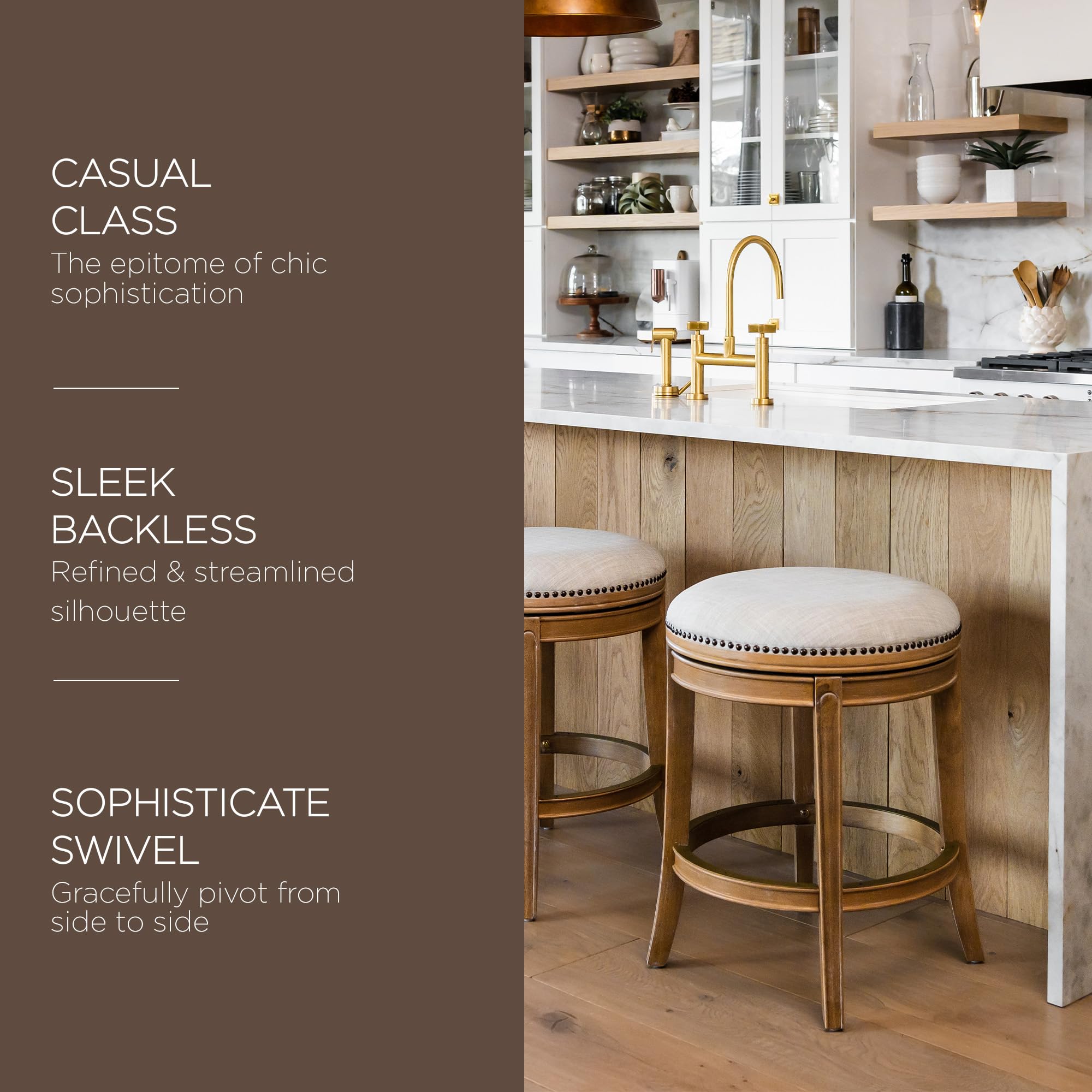Maven Lane Alexander 26 Inch Tall Counter Height Rotating Backless Barstool in Weathered Oak Finish with Sand Color Fabric Upholstered Seat