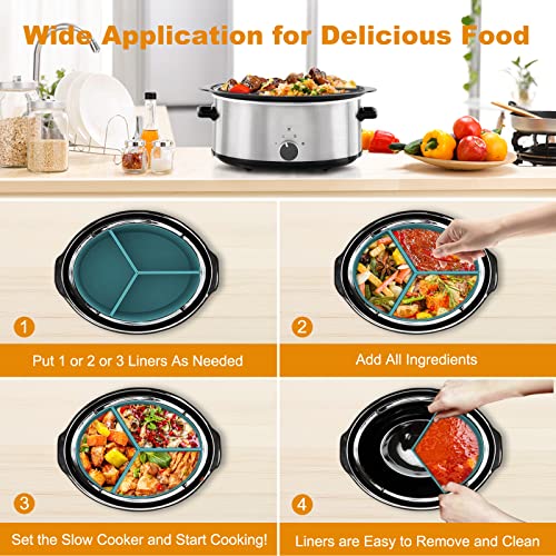 Dompion Silicone Slow Cooker Liners, Reusable 3 Divider Insert Fits for Crock-pot Oval 6/7/8QT Slow Cooker, Dishwasher Safe, Easy Clean, Food-Grade BPA Free Cooking Liners for Most 6-8QT Slow Cooker