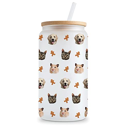Hyturtle Personalized Pet Owner Glass Cup Dog Cat Face in Pictures Pet Paw Glass Cup bamboo Lid & Straw 12oz16oz Coffee Glass Cup Birthday Christmas Gifts For Women Girls Kid Animal Lover Custom Name