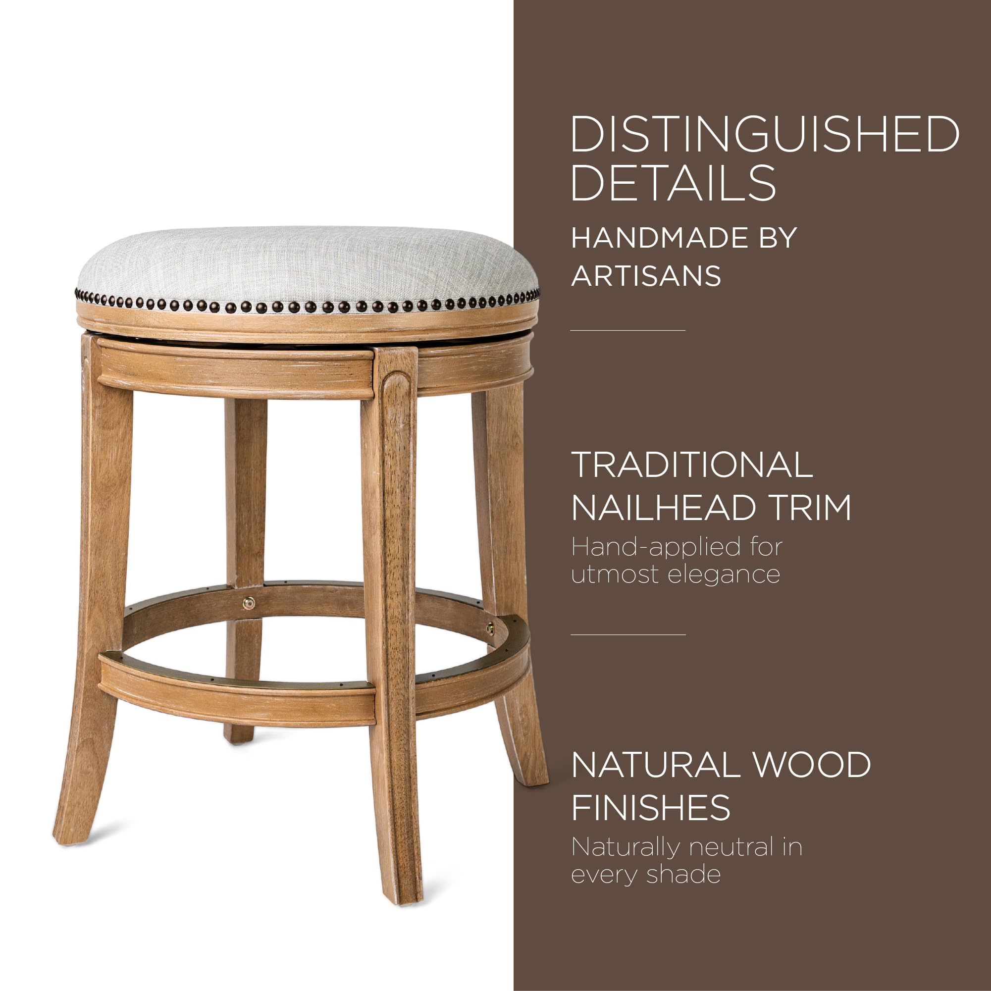 Maven Lane Alexander 26 Inch Tall Counter Height Rotating Backless Barstool in Weathered Oak Finish with Sand Color Fabric Upholstered Seat