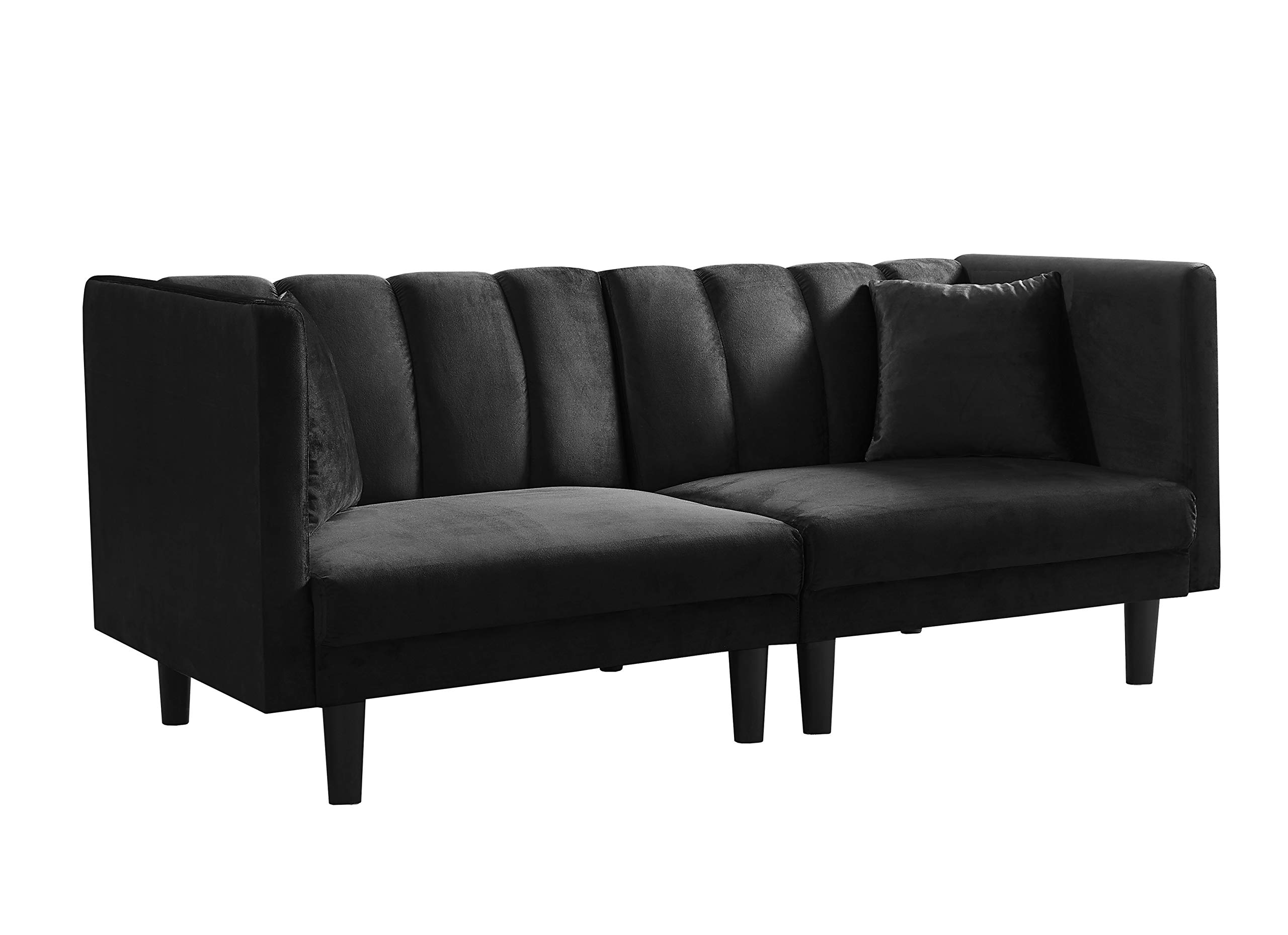 Lepfun Futon Bed Convertible Velvet, Modern Sleeper Sofa with 2 Pillows, 3 Adjustable Angles for Backrest, Living Room Couch with 7 Sturdy Metal Legs, Upholstered Loveseat for Home, Office, Black