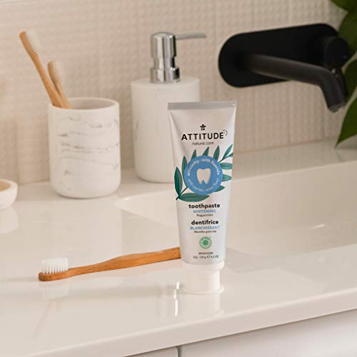 ATTITUDE Toothpaste with Fluoride, Prevents Tooth Decay and Cavities, Vegan, Cruelty-Free and Sugar-Free, Whitening, Peppermint, 4.2 Oz