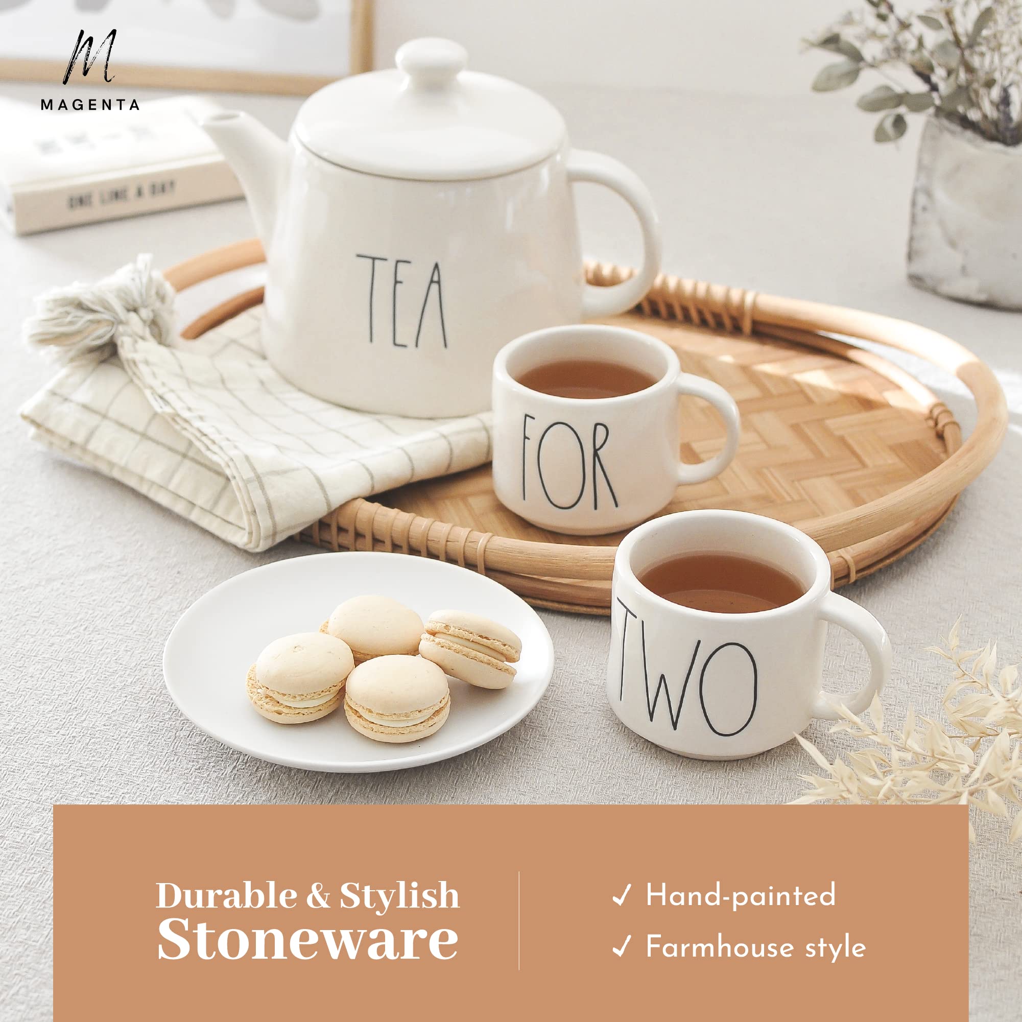 Rae Dunn Tea Set, “Tea for Two” Teapot and Stacking Teacup Set, Cute Ceramic Tea Set for Kitchen or Dining Room, 3-Piece Set