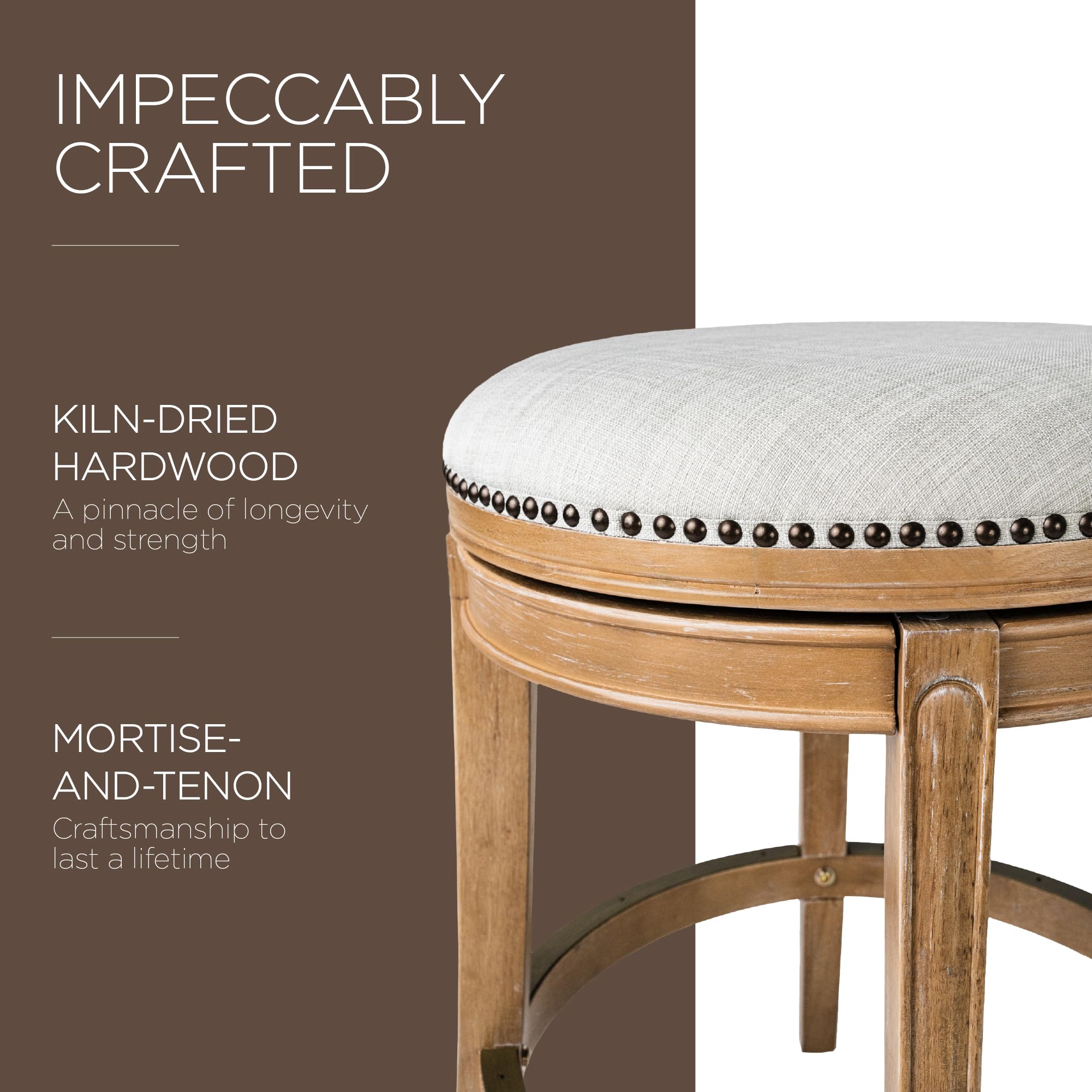 Maven Lane Alexander 26 Inch Tall Counter Height Rotating Backless Barstool in Weathered Oak Finish with Sand Color Fabric Upholstered Seat