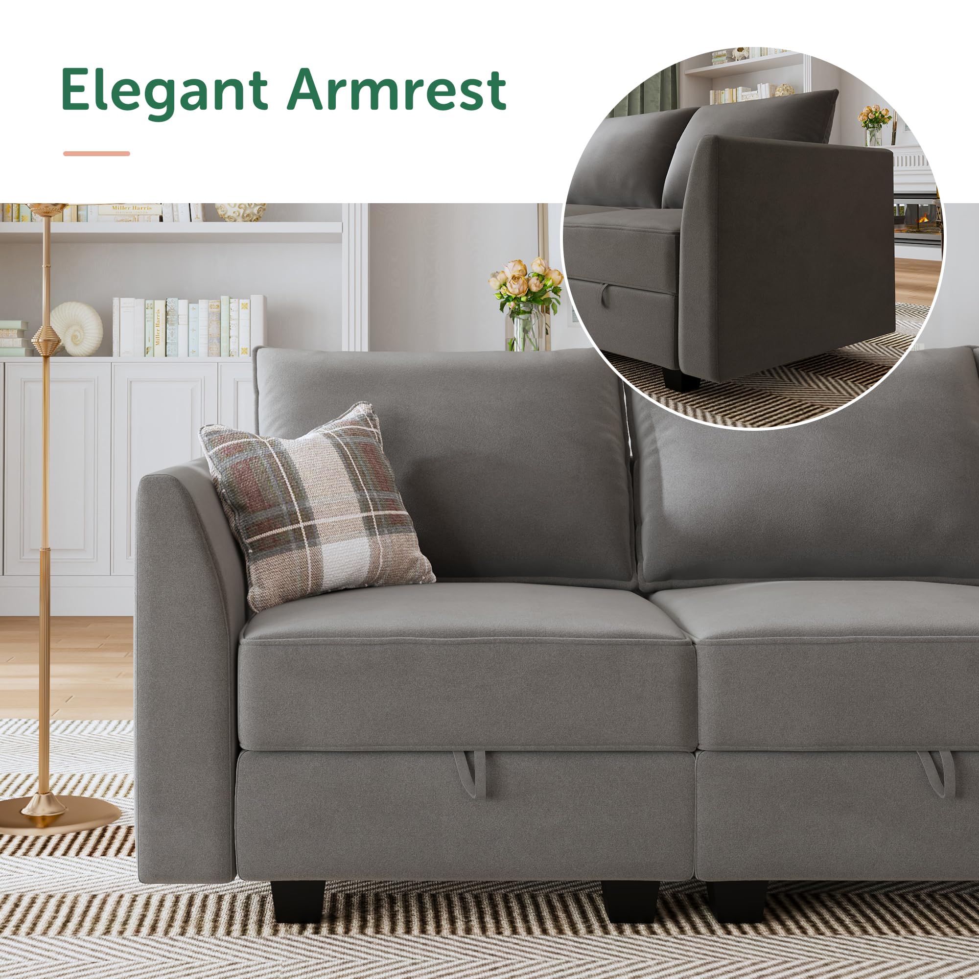 HONBAY Modular Sectional Sofa Set Oversized U Shaped Couch with Storage Ottoman Convertible Sleeper Sectional Sofa Velvet Modular Couch with Wide Chaise, Grey