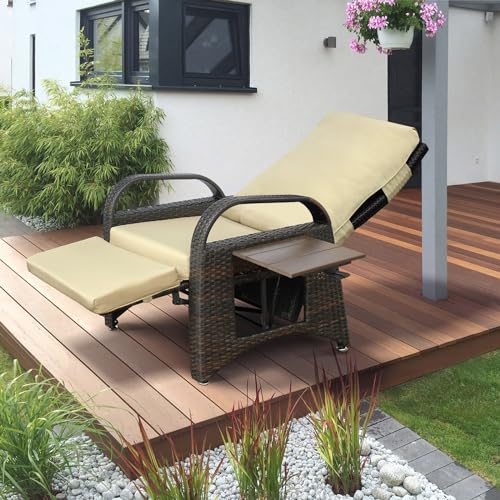 Skypatio Outdoor Recliner Chair Set of 2 PE Wicker Adjustable Backrest Patio Recliner Chair with Side Table Outdoor Reclining Chairs