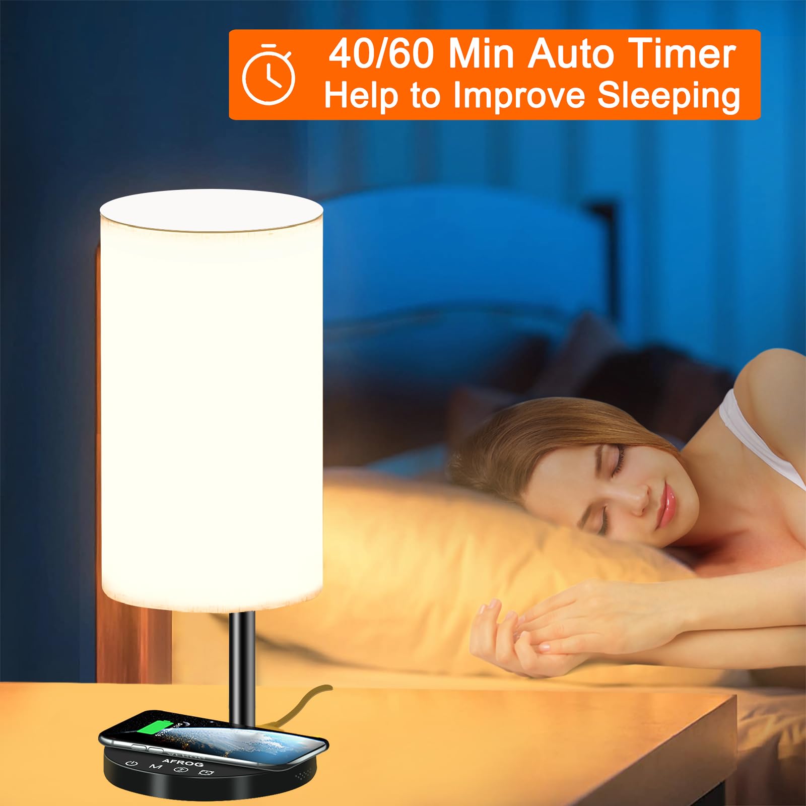 AFROG Bedside Table Lamp with 10W Fast Wireless Charger, USB Port, 5 Brightness,5 Lighting Mode,40/60 Min Auto Timer, Nightstand Bedside Lamp for Bedroom (LED Bulb Included)