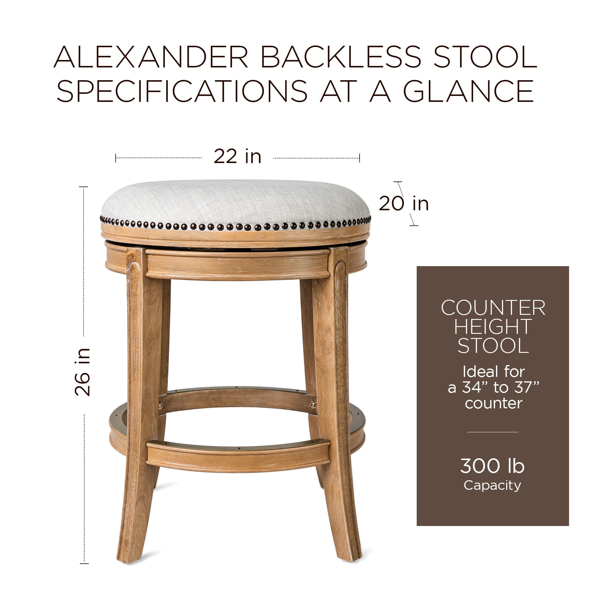 Maven Lane Alexander 26 Inch Tall Counter Height Rotating Backless Barstool in Weathered Oak Finish with Sand Color Fabric Upholstered Seat