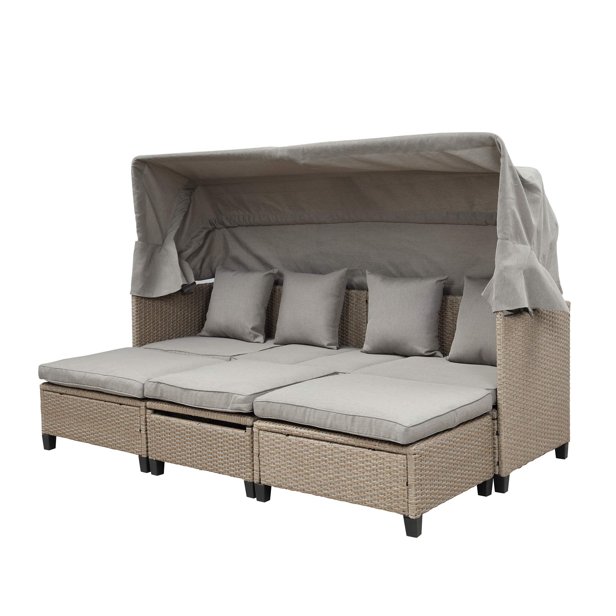 All-Weather Outdoor PE Wicker Sunbed Daybed with Retractable Canopy, UV-Resistant Patio Sectional Sofa Set with Cushions and Lifting Table for Lawn Garden Backyard Poolside