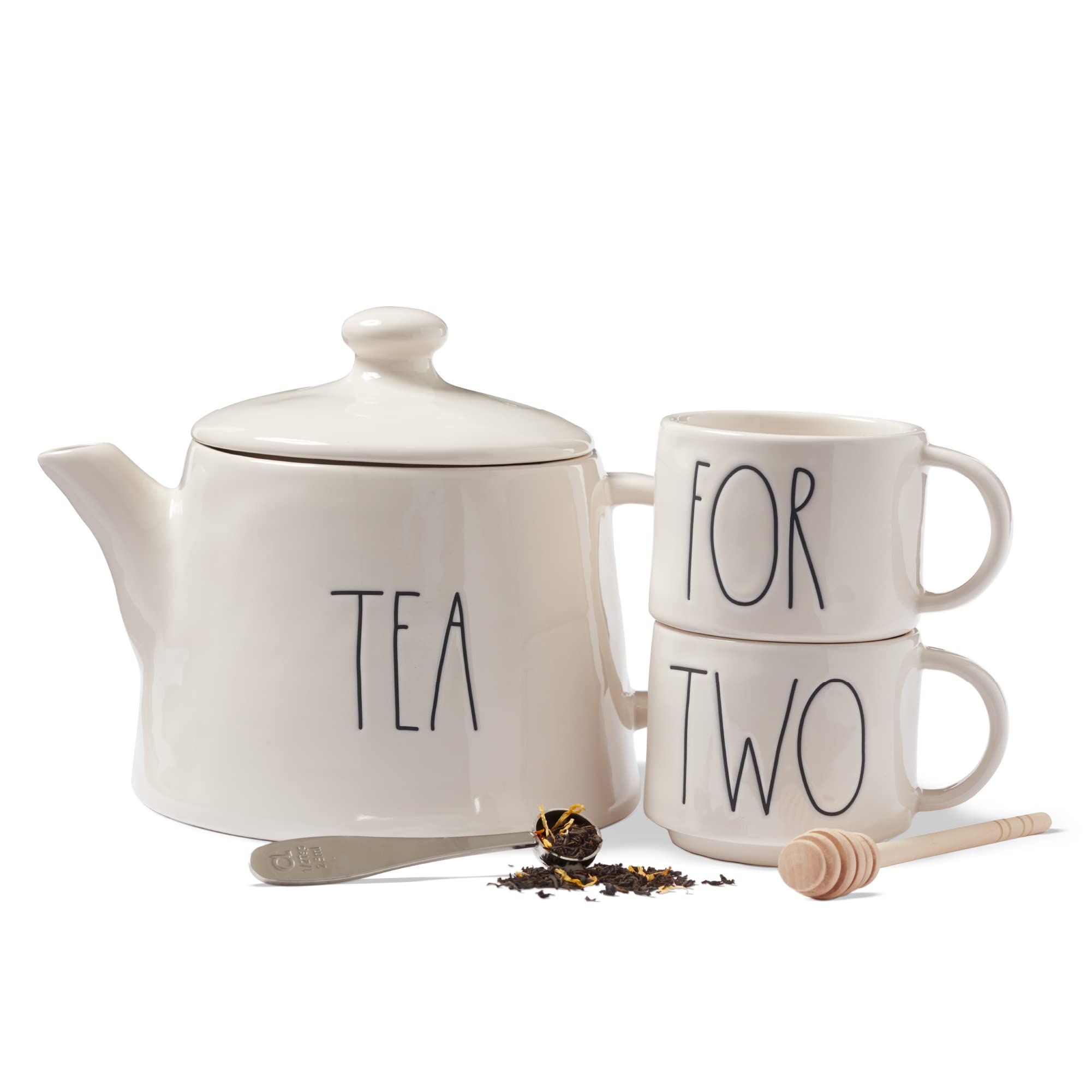Rae Dunn Tea Set, “Tea for Two” Teapot and Stacking Teacup Set, Cute Ceramic Tea Set for Kitchen or Dining Room, 3-Piece Set