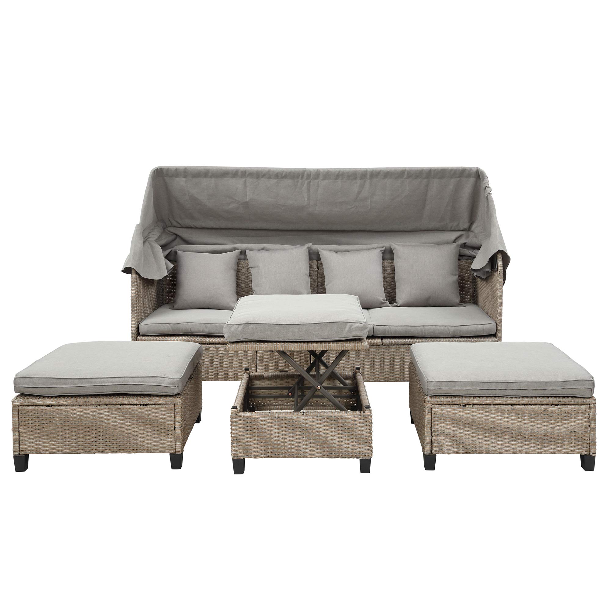 All-Weather Outdoor PE Wicker Sunbed Daybed with Retractable Canopy, UV-Resistant Patio Sectional Sofa Set with Cushions and Lifting Table for Lawn Garden Backyard Poolside